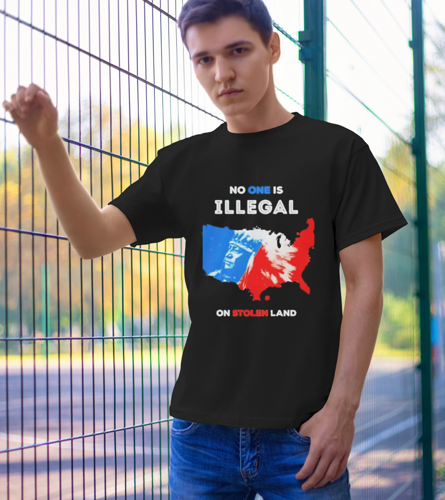 No One Is Illegal On Stolen Land Red Blue Map Indigenous American T-Shirt