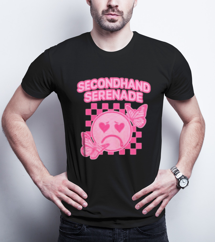 Secondhand Serenade Sad Emo Pink Heartbroken Face With Butterflies T-Shirt