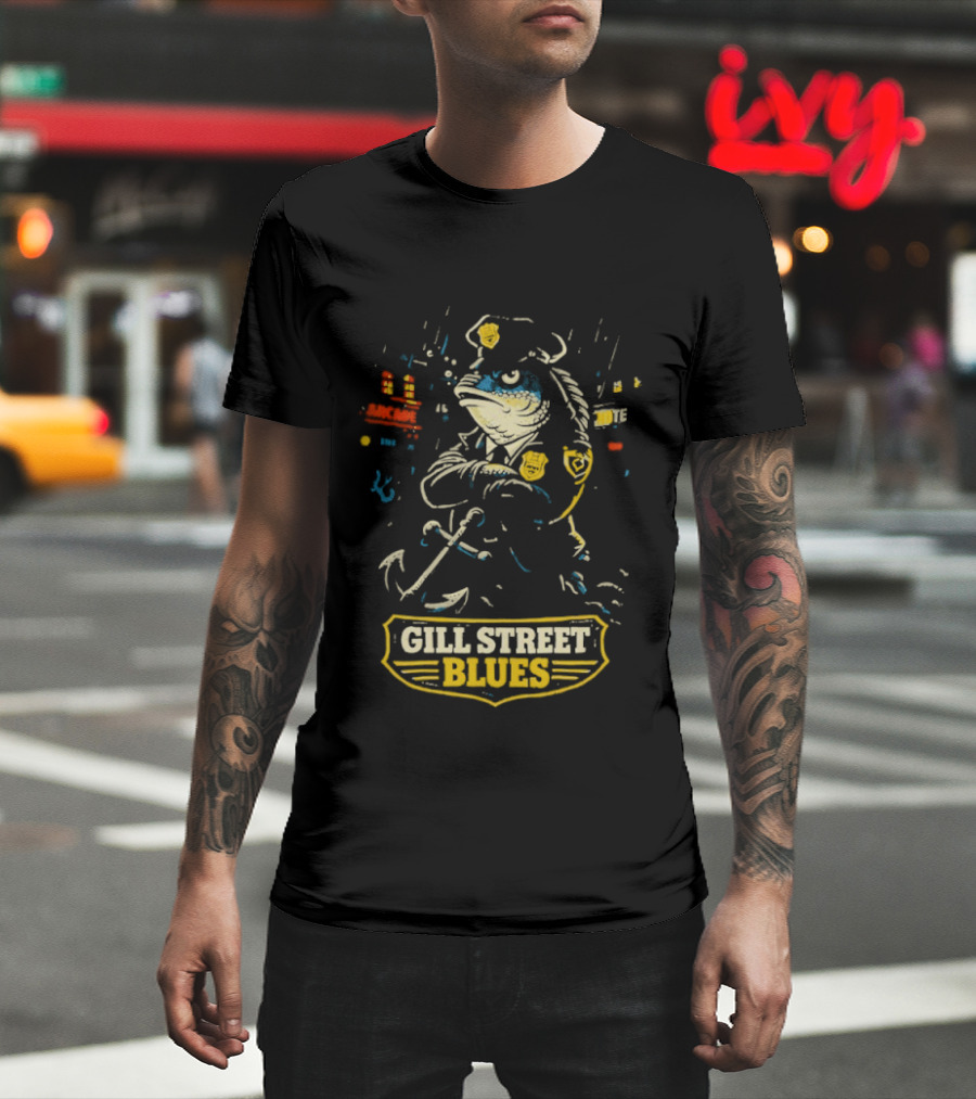 Gill Street Blues Police Fish Retro Cartoon T-Shirt