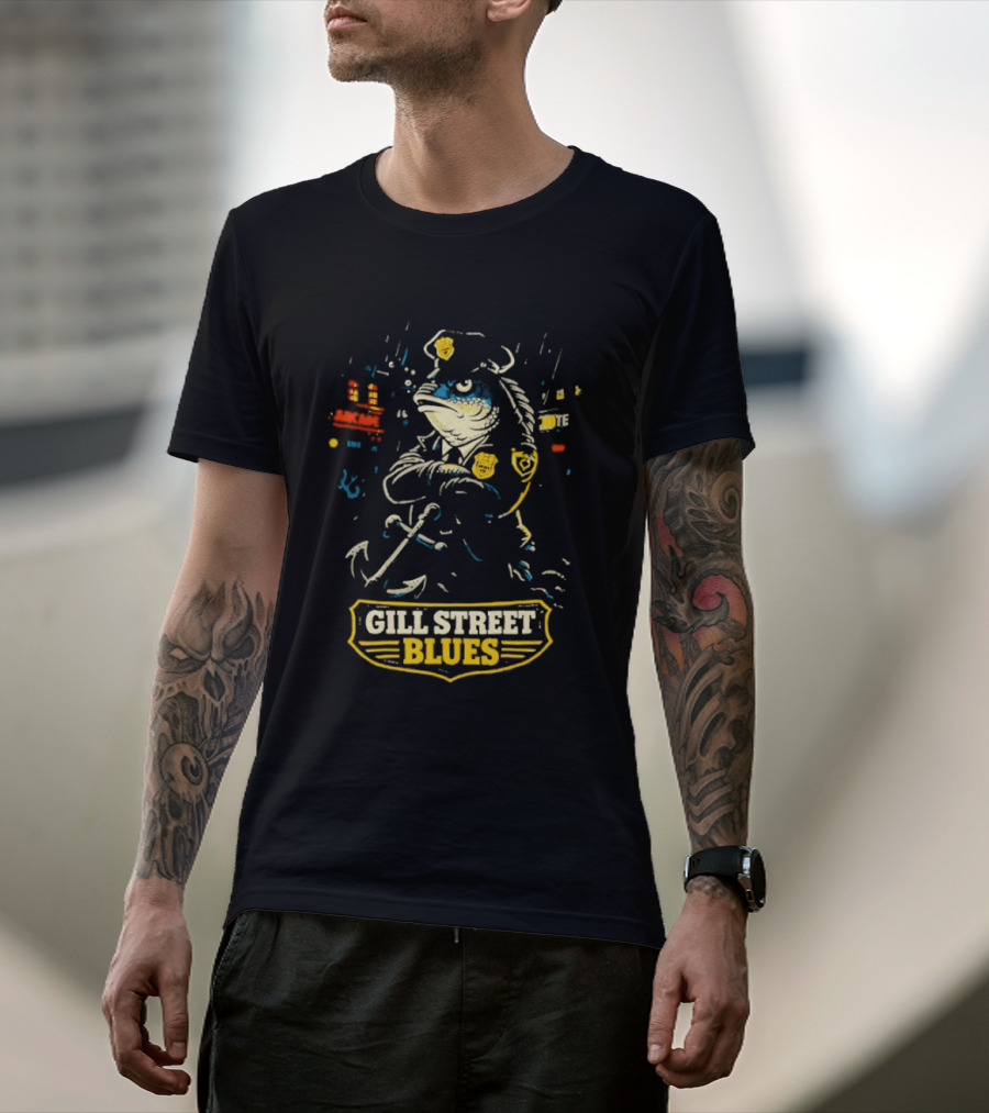 Gill Street Blues Police Fish Retro Cartoon T-Shirt