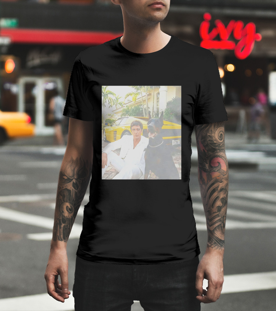 Tony Montana With Dog In Front Of Yellow Sports Car Scene From Scarface T-Shirt
