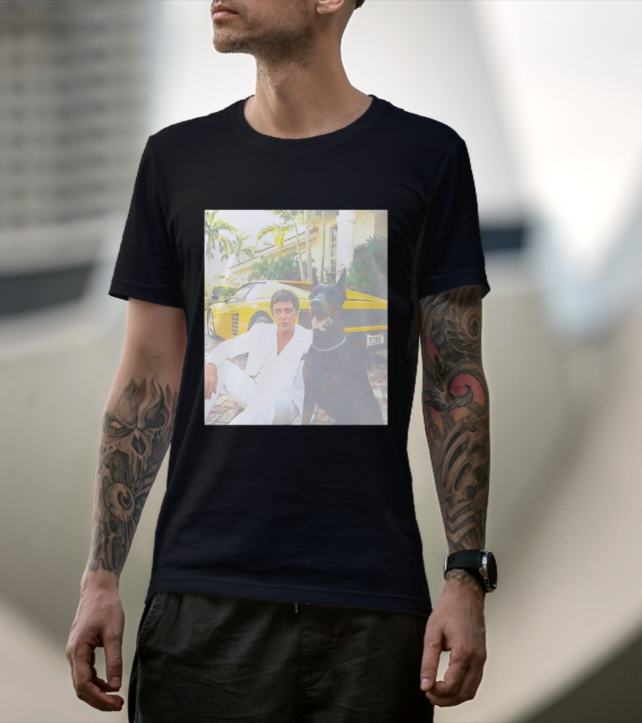 Tony Montana With Dog In Front Of Yellow Sports Car Scene From Scarface T-Shirt
