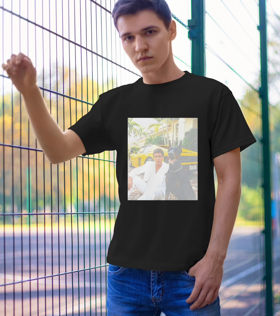 Tony Montana With Dog In Front Of Yellow Sports Car Scene From Scarface T-Shirt