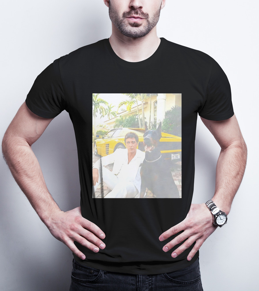 Tony Montana With Dog In Front Of Yellow Sports Car Scene From Scarface T-Shirt