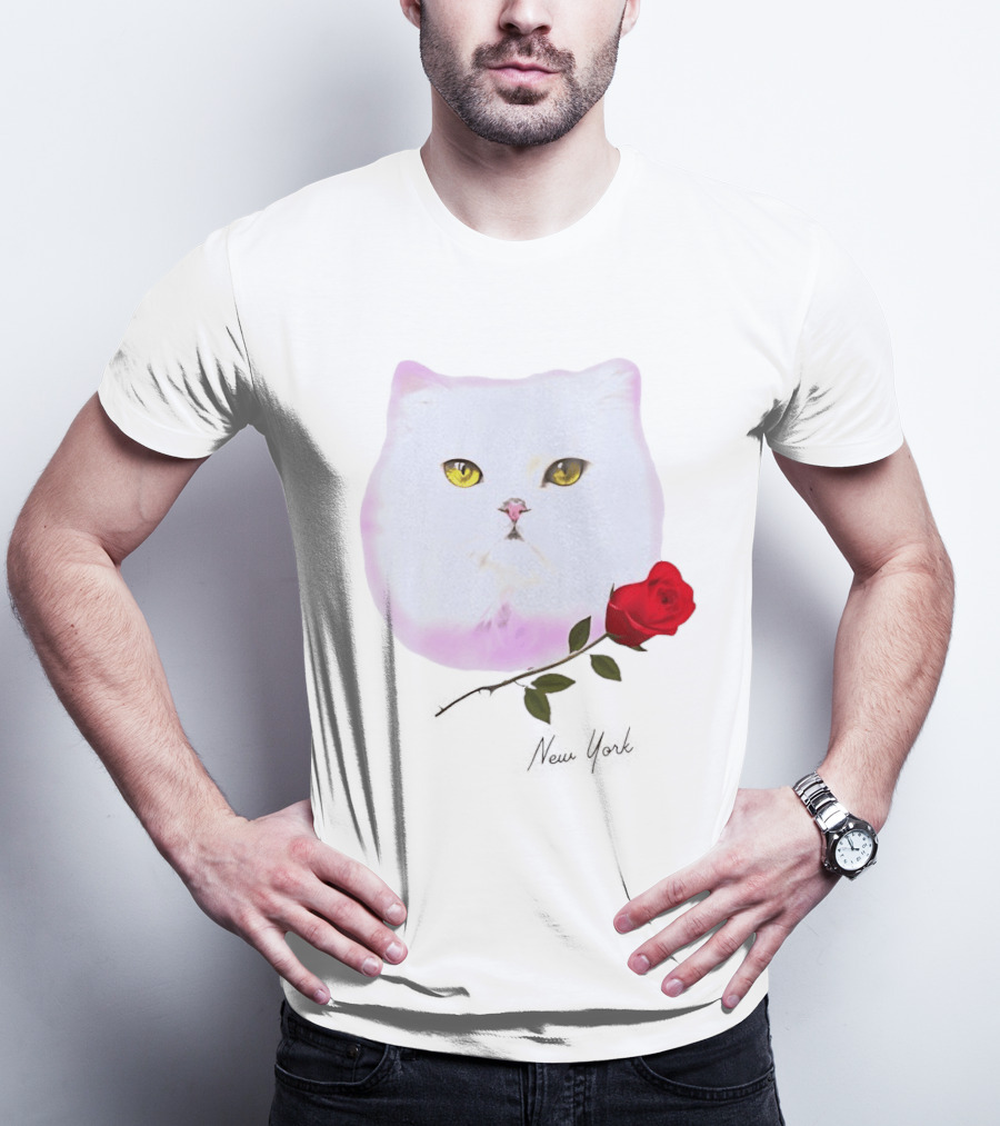 Cat Rose New York White Cat Face Yellow Eyes Red Rose T-Shirt