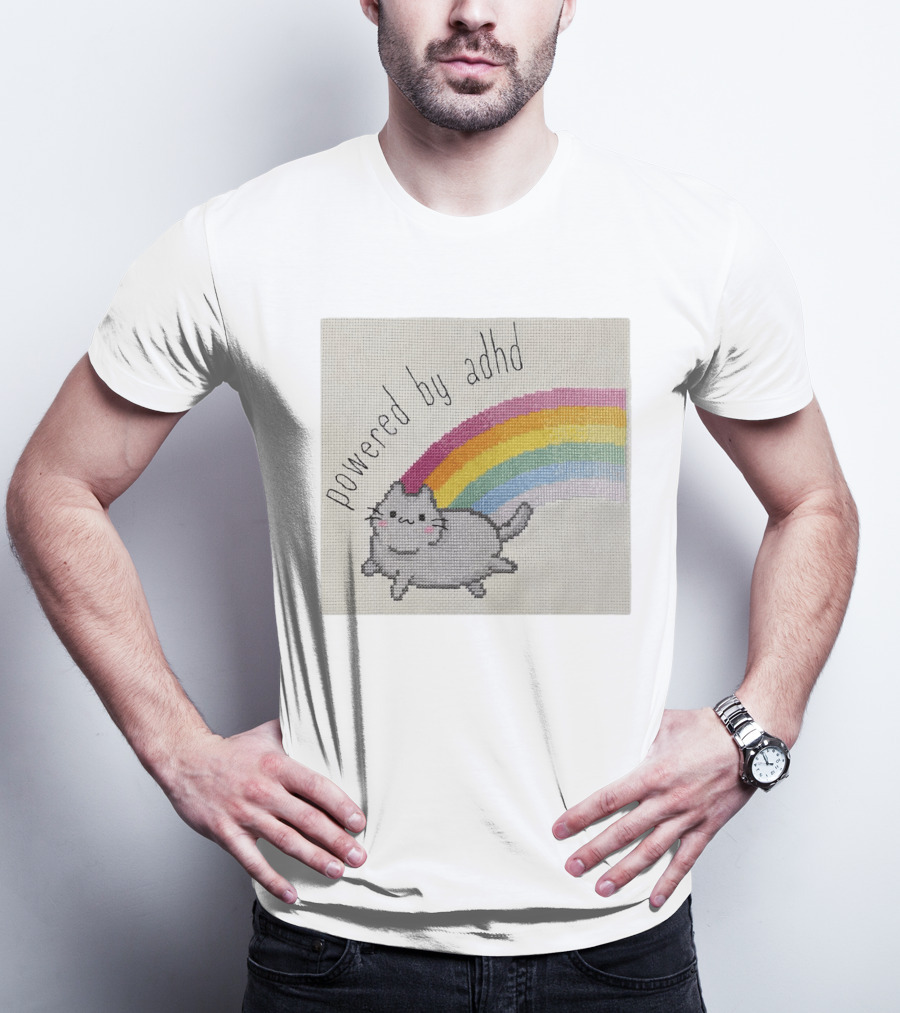 Cat Powered By ADHD Rainbow Cute Cross Stitch Patchwork T-Shirt