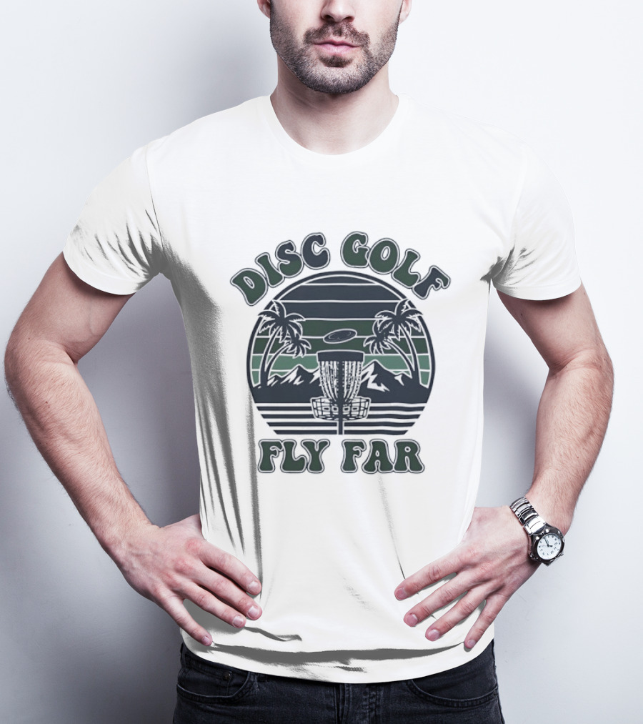 Disc Golf Fly Far Sunset Palm Trees Mountains T-Shirt