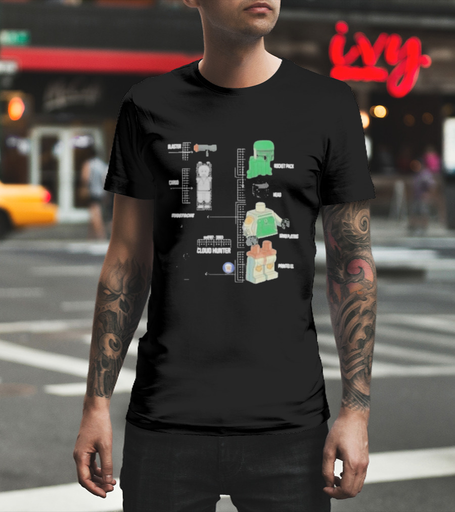 Studstache Cloud Hunter Blueprint With Block Figures And Sci Fi T-Shirt