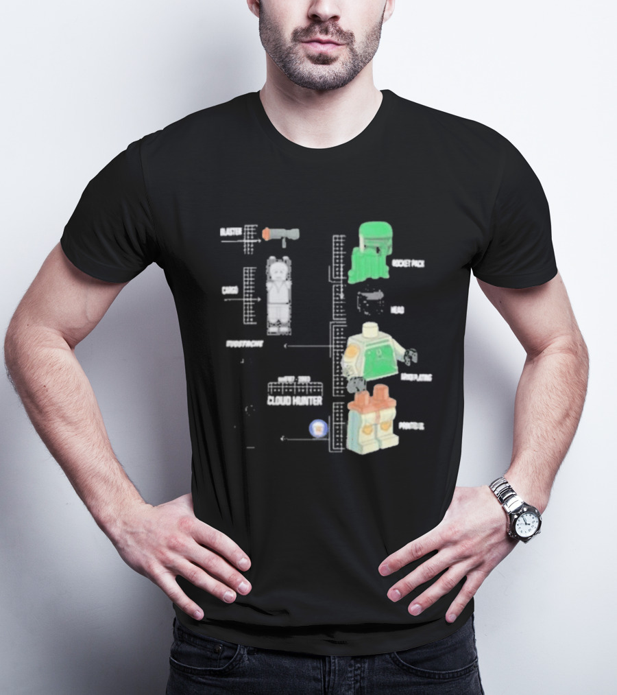 Studstache Cloud Hunter Blueprint With Block Figures And Sci Fi T-Shirt