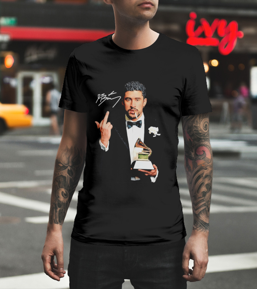 Bad Bunny Smoking Middle Finger Holding Grammy 2026 T-Shirt