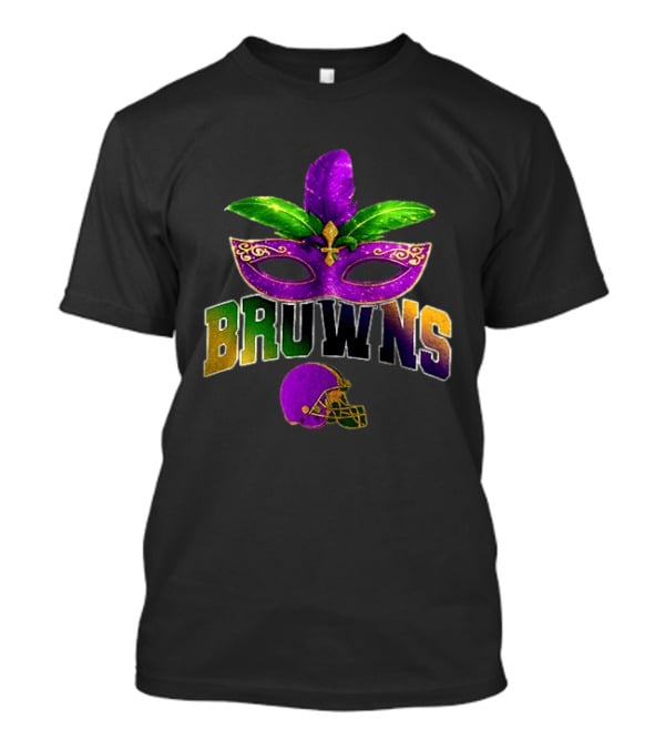 Cleveland Browns Mardi Gras Mask Feathers Football T-Shirt