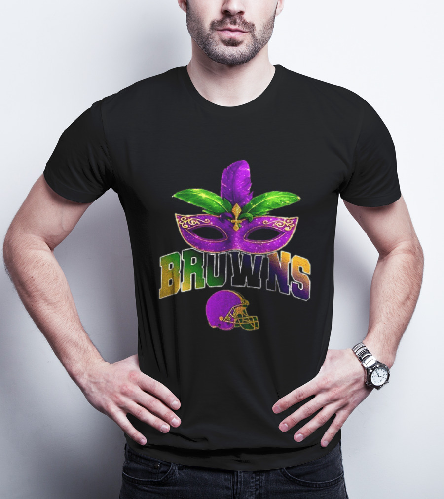 Cleveland Browns Mardi Gras Mask Feathers Football T-Shirt