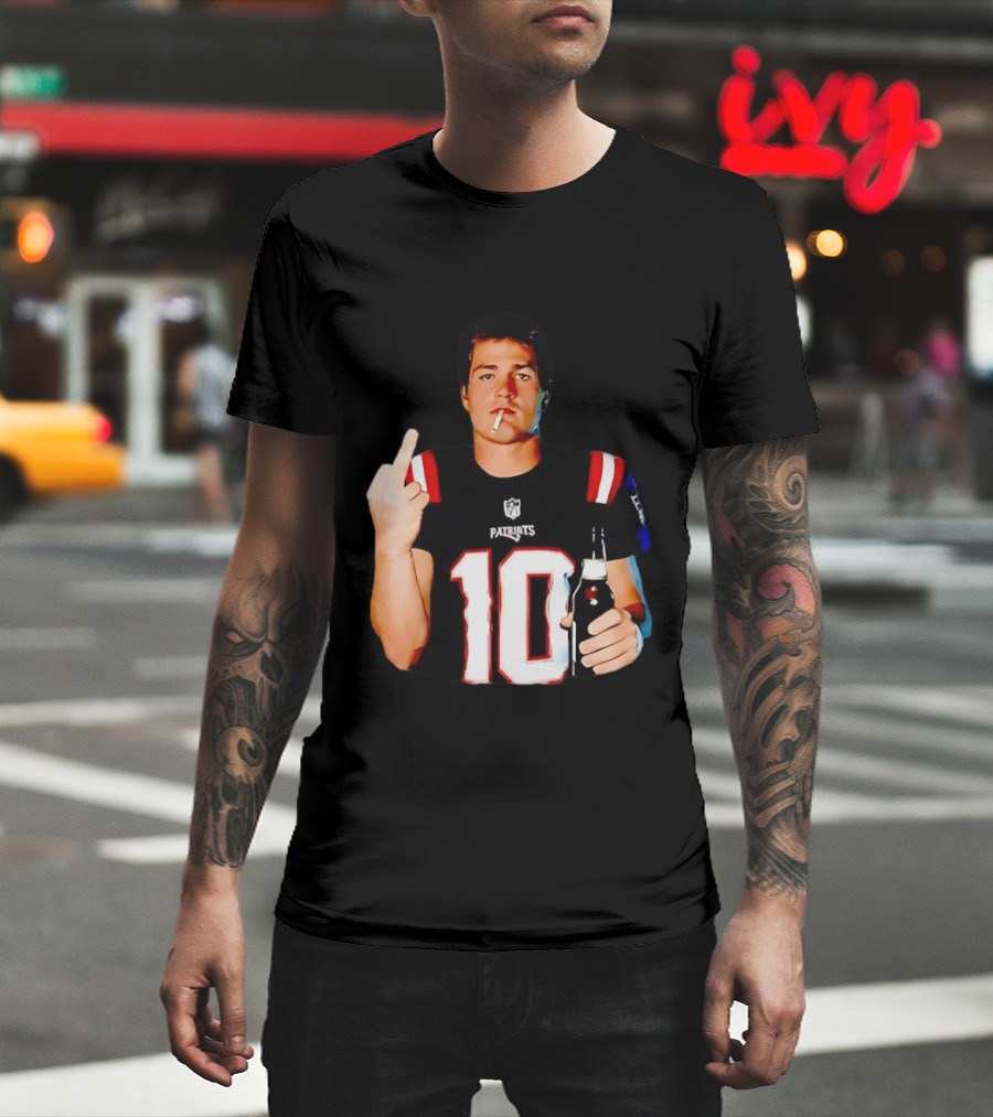 Drake Maye Middle Finger Smoking Holding Beer Can New England Patriots 10 T-Shirt
