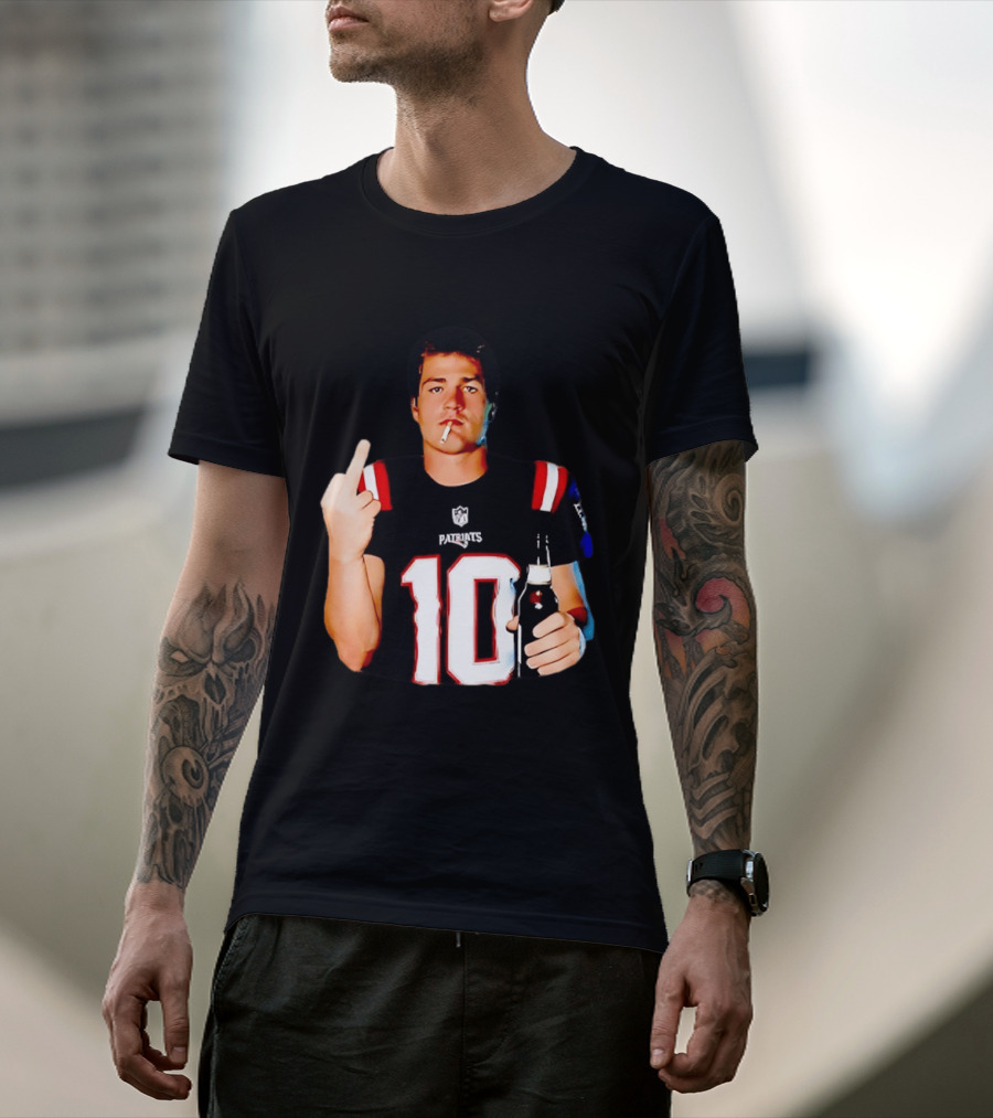Drake Maye Middle Finger Smoking Holding Beer Can New England Patriots 10 T-Shirt