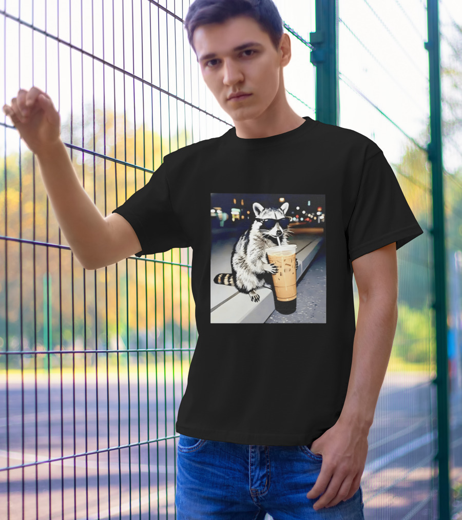 Raccoon Wearing Sunglasses Enjoying Iced Coffee Night Scene T-Shirt