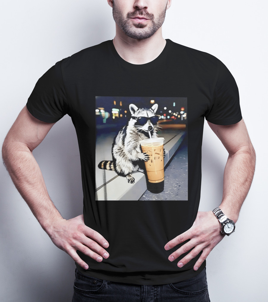 Raccoon Wearing Sunglasses Enjoying Iced Coffee Night Scene T-Shirt