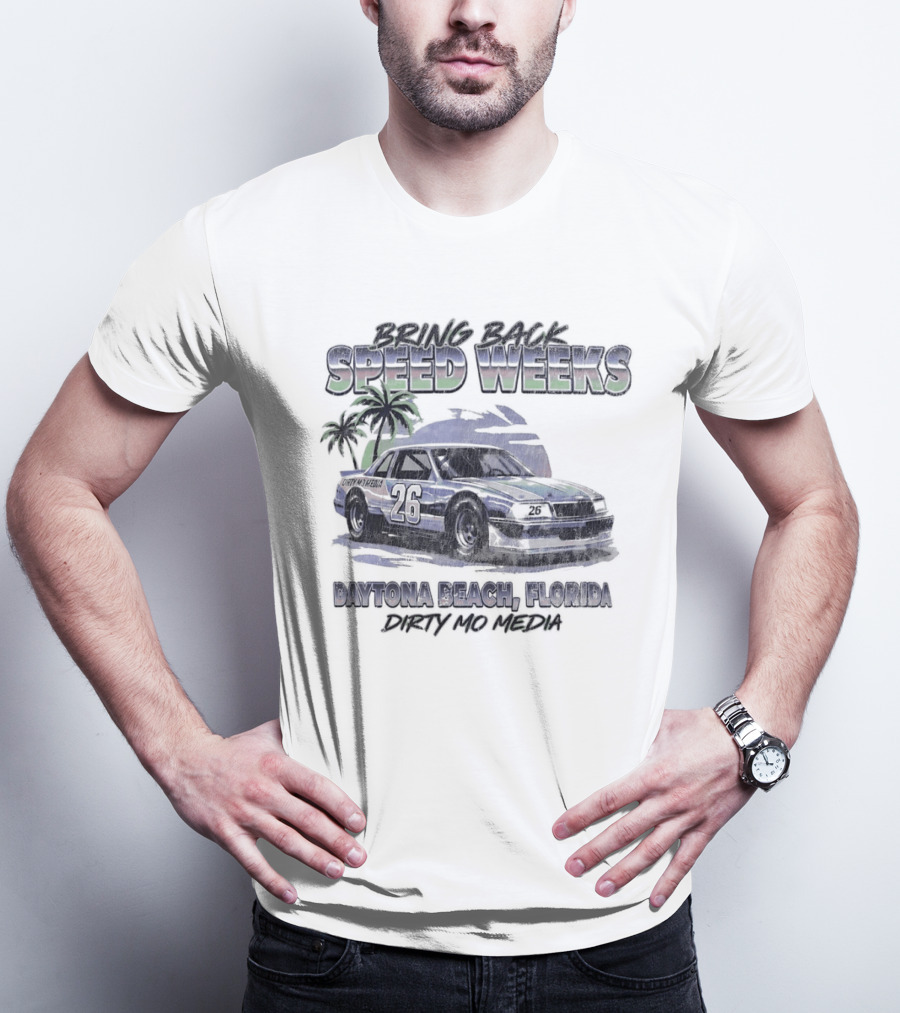 Bring Back Speed Weeks Daytona Beach Florida Dirty Mo Media Racing Car Palm Trees T-Shirt