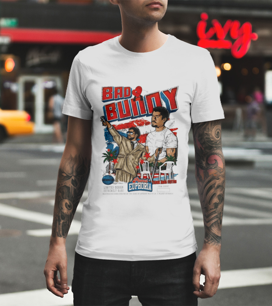 Bad Bunny Tirar Mas Fotos Planet Euphoria Palm Trees Chairs Red White Blue T-Shirt