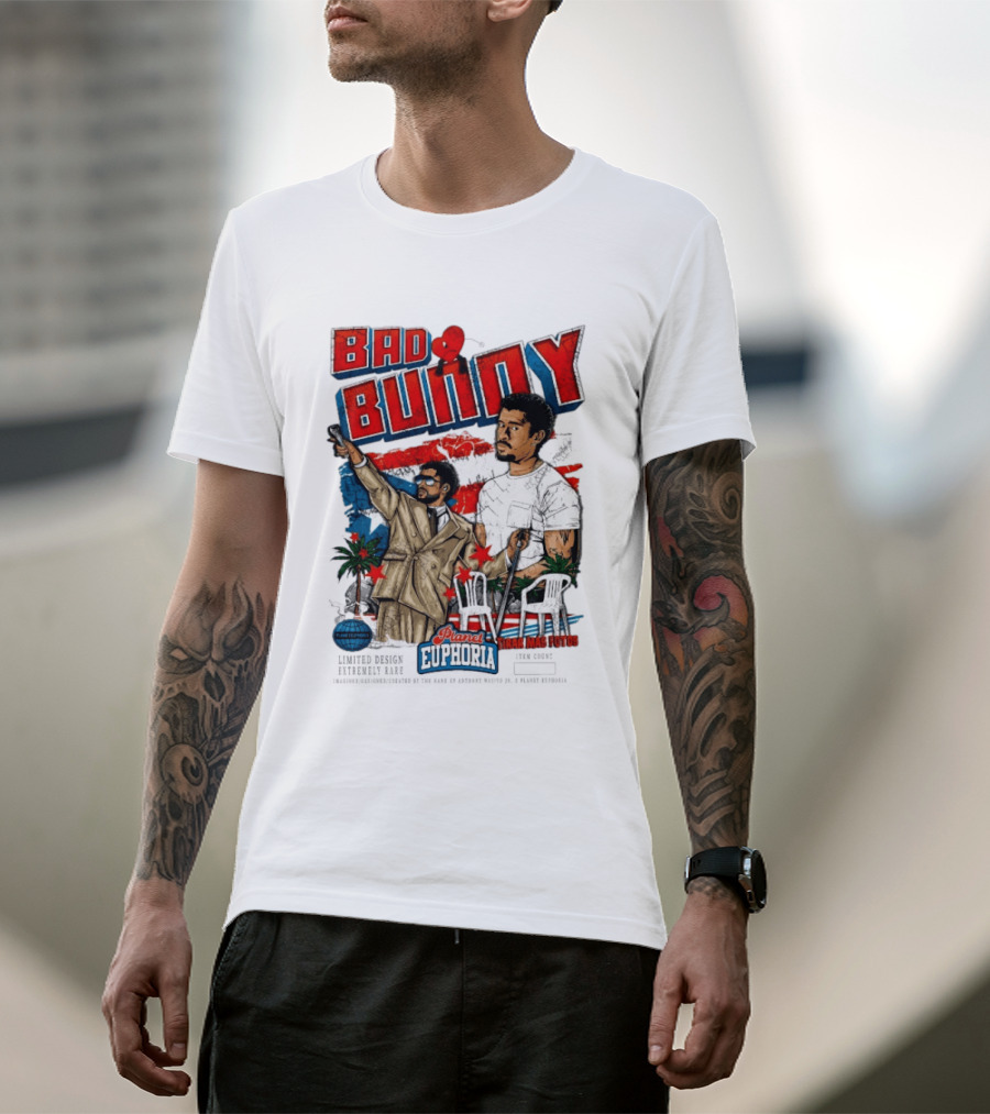 Bad Bunny Tirar Mas Fotos Planet Euphoria Palm Trees Chairs Red White Blue T-Shirt