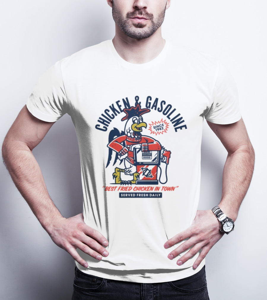 Chicken And Gasoline Best Fried Chicken In Town Since 1982 Retro Style Cartoon Rooster Pumping Gas T-Shirt