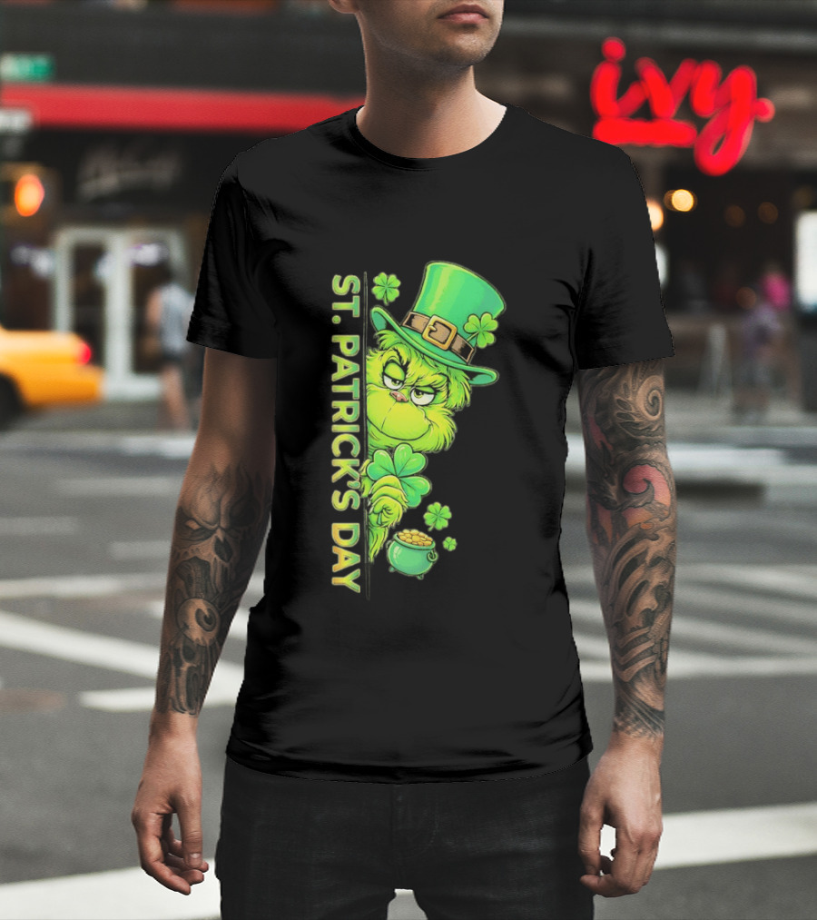 St. Patrick's Day Grinch With Leprechaun Hat And Gold Pot T-Shirt