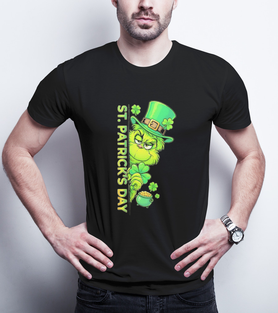 St. Patrick's Day Grinch With Leprechaun Hat And Gold Pot T-Shirt