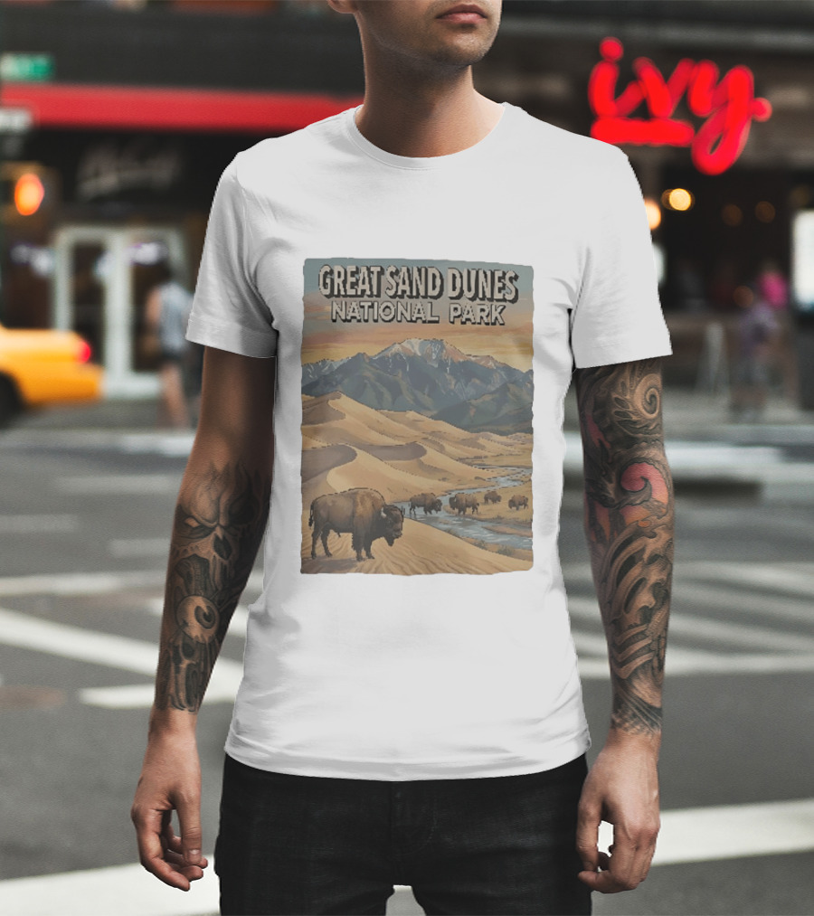 Great Sand Dunes National Park With Buffalo And Mountains Scene T-Shirt