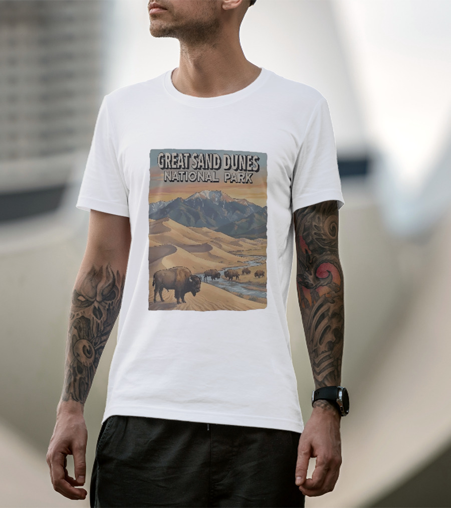 Great Sand Dunes National Park With Buffalo And Mountains Scene T-Shirt