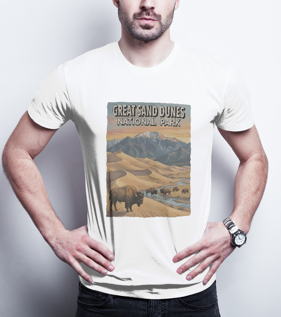 Great Sand Dunes National Park With Buffalo And Mountains Scene T-Shirt