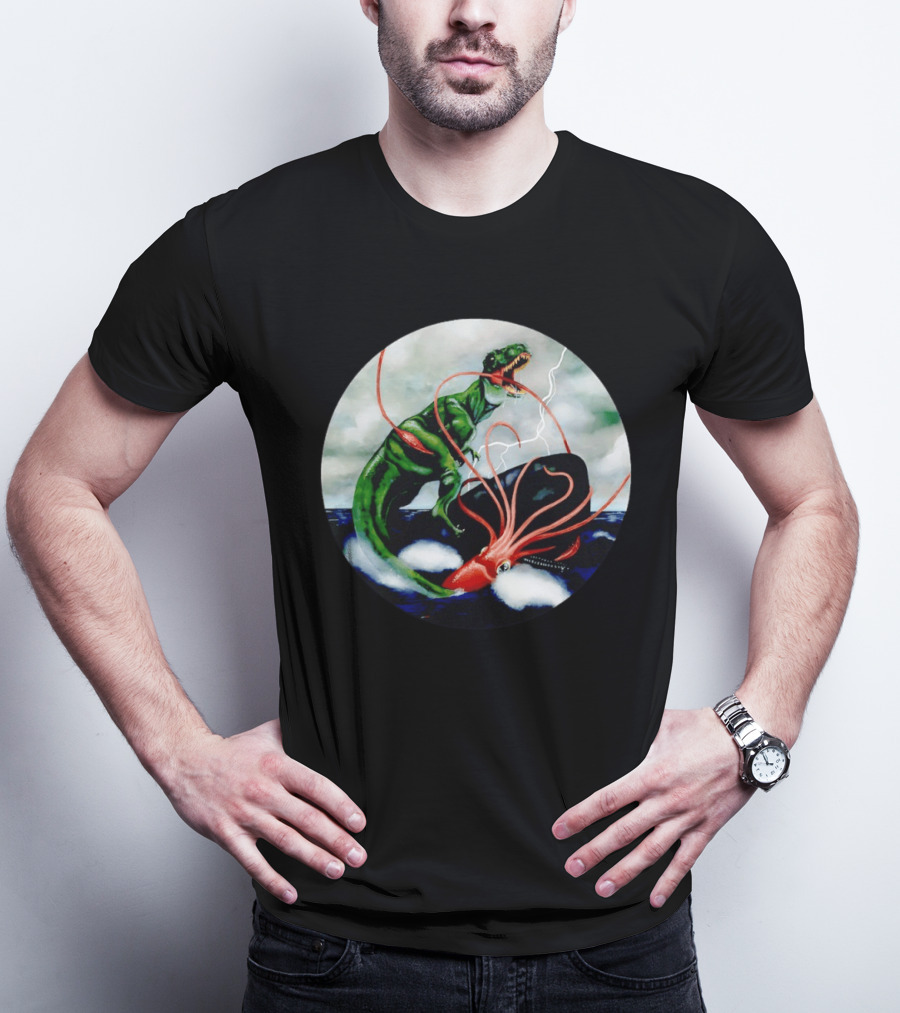 Dinosaur And Giant Squid Battle On Stormy Sea T-Shirt