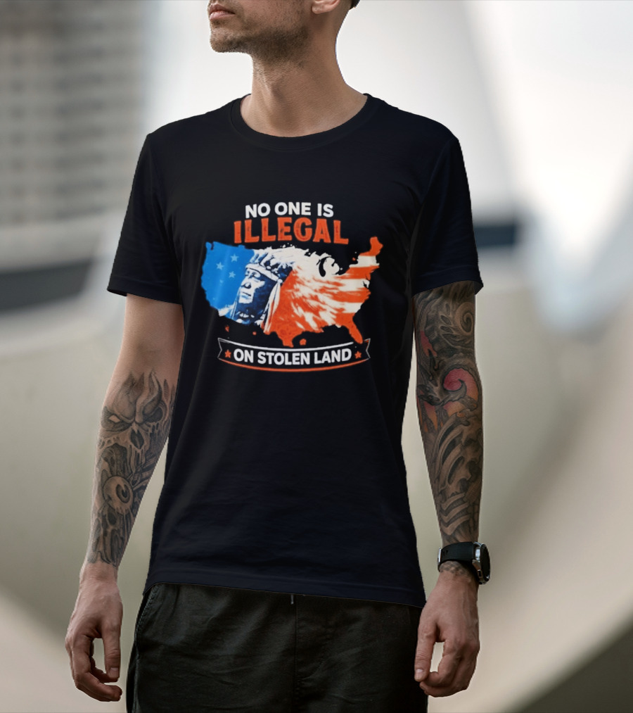 No One Is Illegal On Stolen Land USA Map Native American Headdress T-Shirt