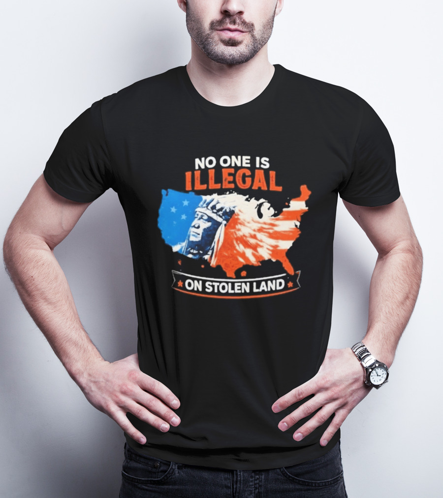 No One Is Illegal On Stolen Land USA Map Native American Headdress T-Shirt