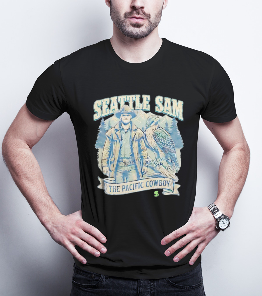 Seattle Sam The Pacific Cowboy With Mountains And Eagle T-Shirt