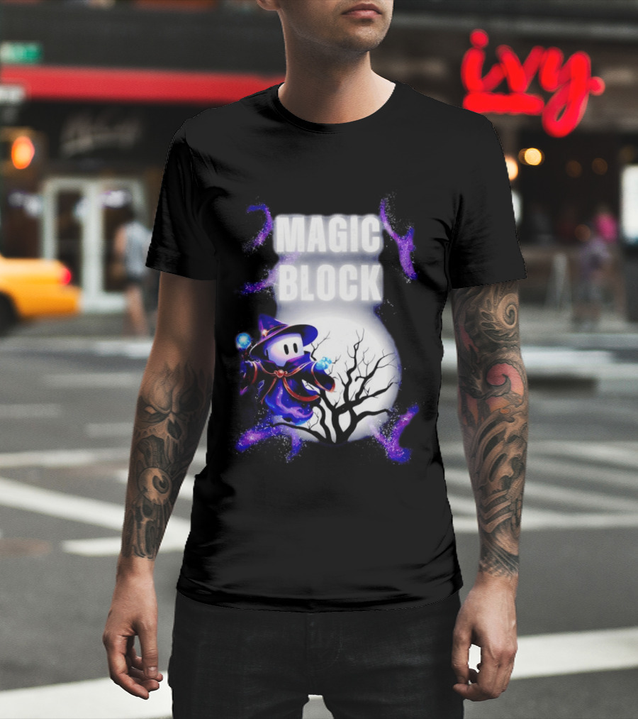 Magic Block Wizard With Glowing Orbs And Mystical Tree T-Shirt