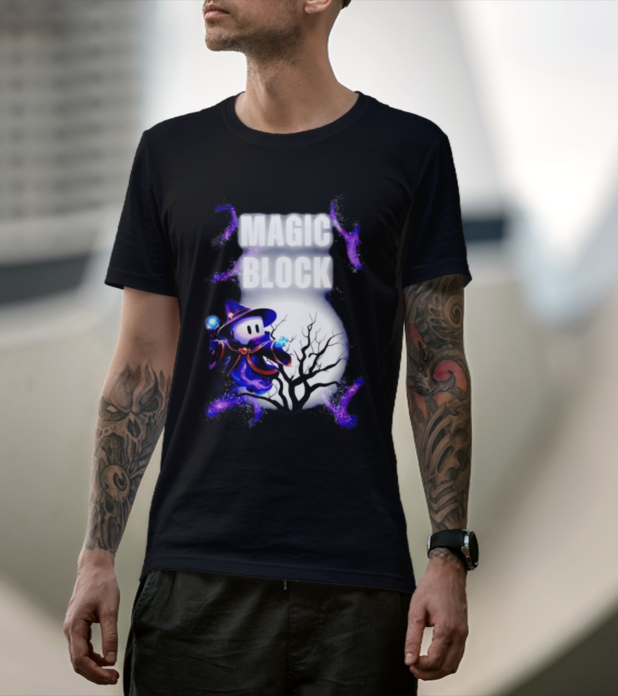 Magic Block Wizard With Glowing Orbs And Mystical Tree T-Shirt