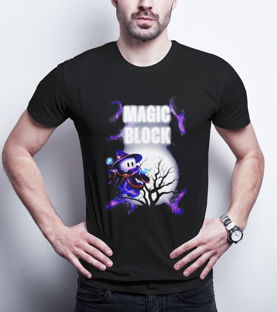 Magic Block Wizard With Glowing Orbs And Mystical Tree T-Shirt