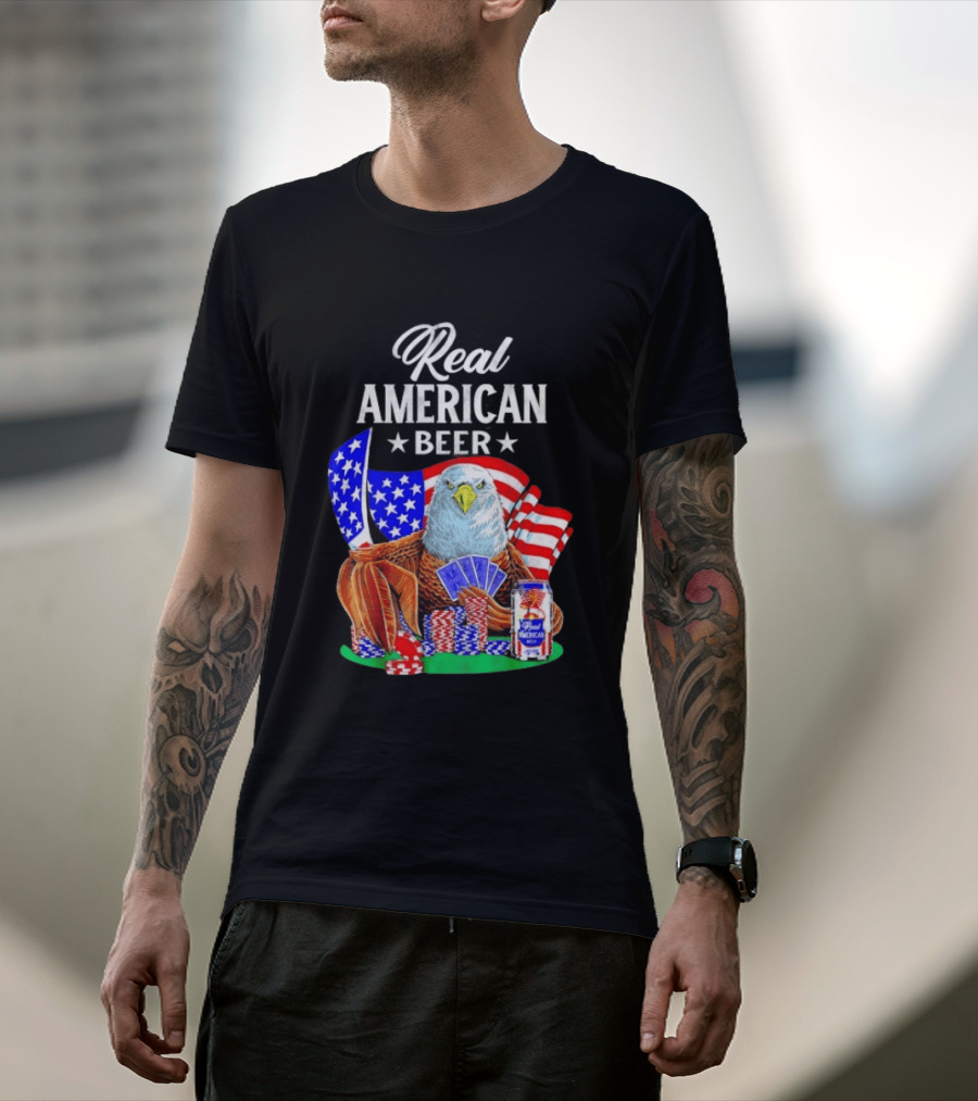Real American Eagle Poker With Beer And Flag T-Shirt