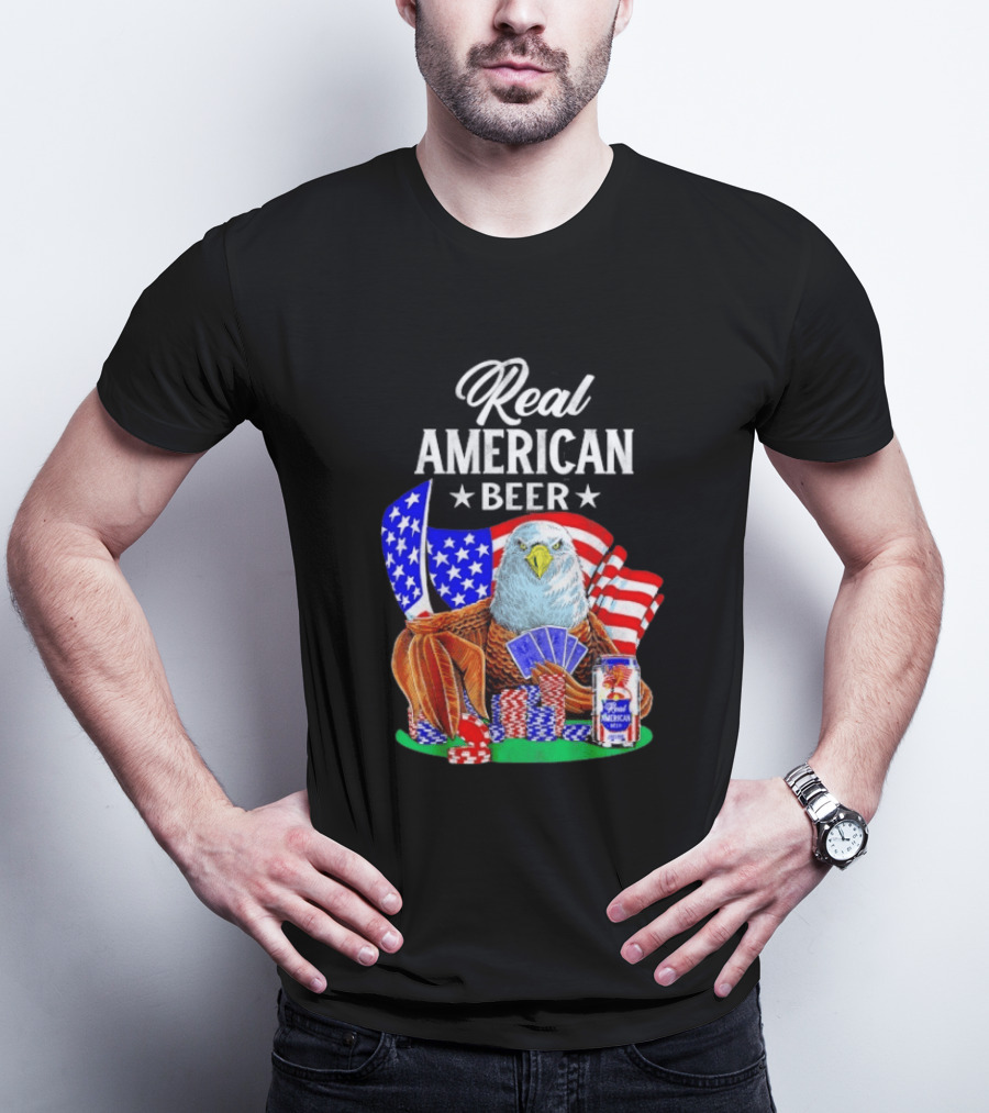 Real American Eagle Poker With Beer And Flag T-Shirt