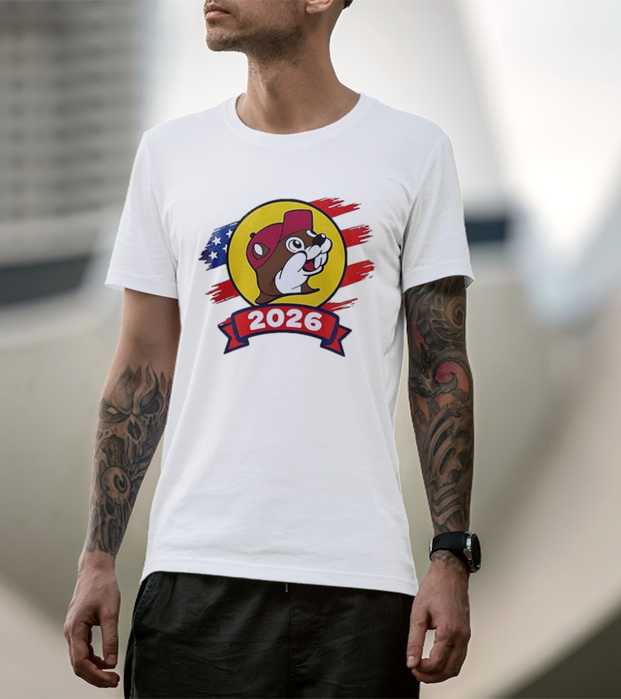 Buc Ee's 2026 Celebration With Iconic Beaver Emblem And American Flag T-Shirt