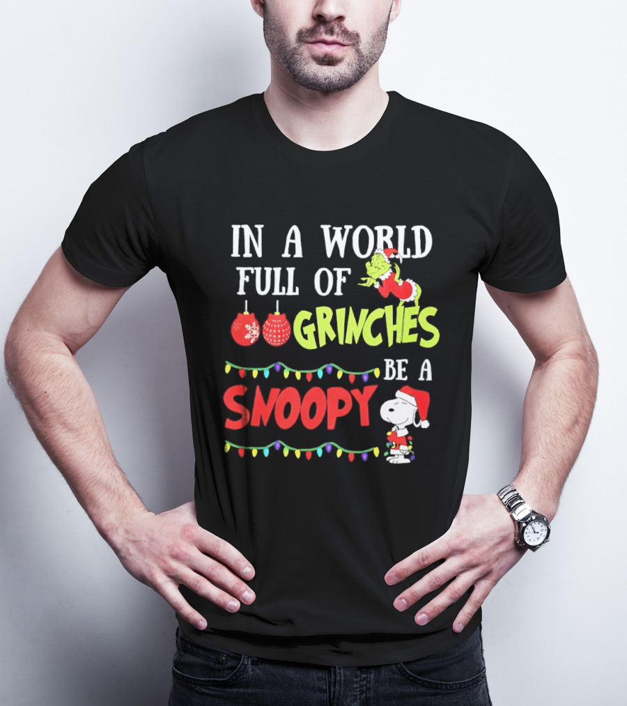 In A World Full Of Grinches Be A Snoopy Holiday Lights Santa Suit T-Shirt