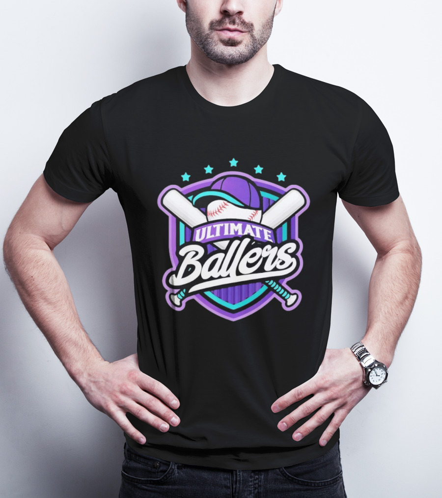 Ultimate Ballers Baseball Purple Cap Bats Retro Five Stars T-Shirt