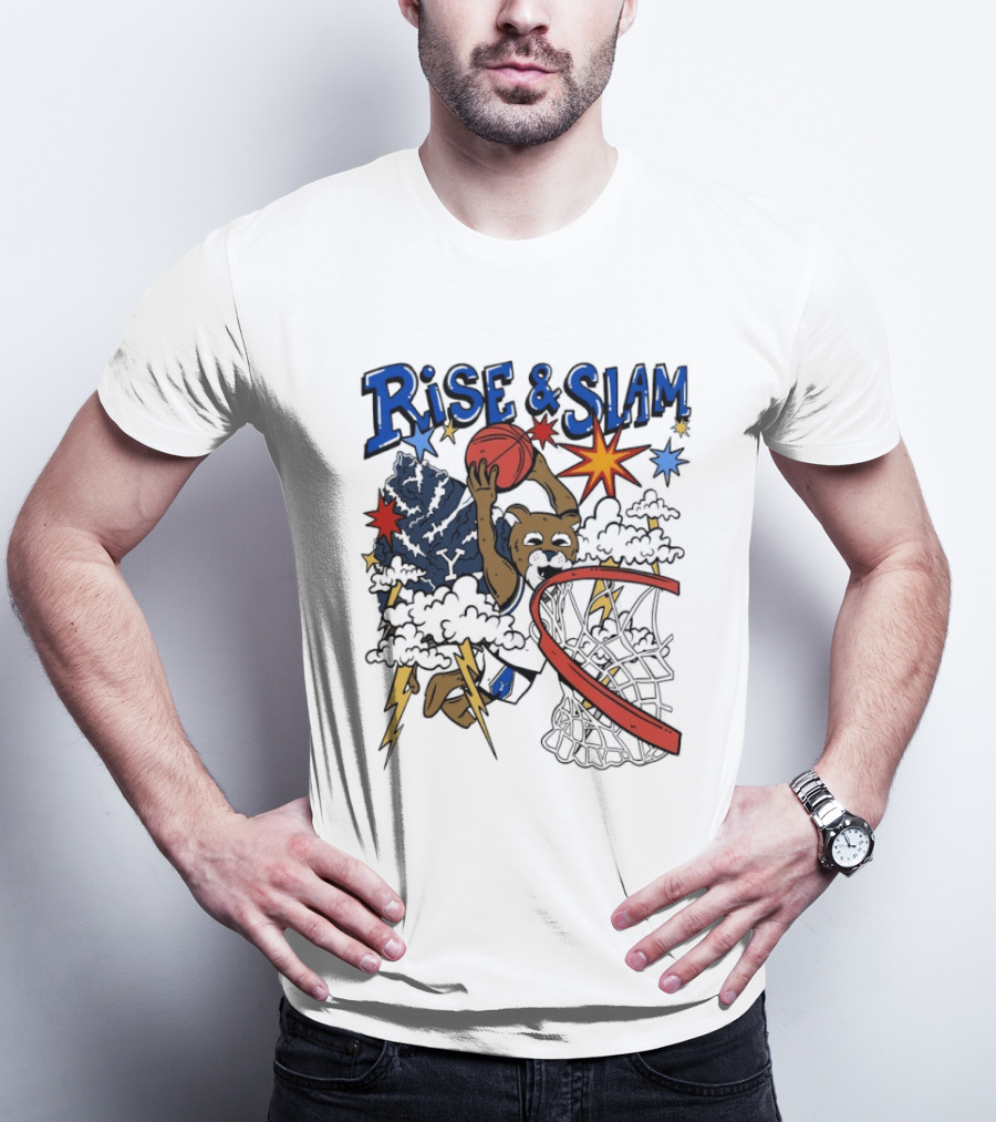 BYU Basketball Rise And Slam Flyin' Hoops Bear Dunking With Stars And Lightning T-Shirt