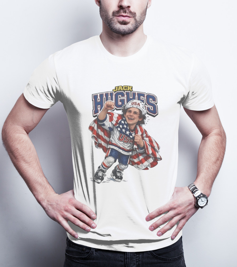 Jack Hughes USA Hockey Caricature American Flag T-Shirt