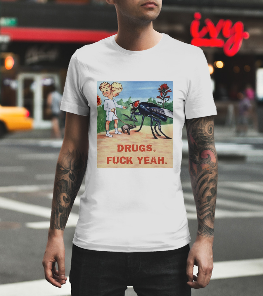 DRUGS FUCK YEAH Retro Cartoon Big Fly Tiny Elephant T-Shirt