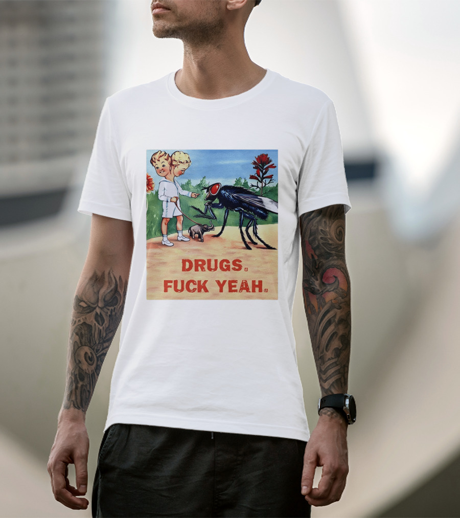 DRUGS FUCK YEAH Retro Cartoon Big Fly Tiny Elephant T-Shirt
