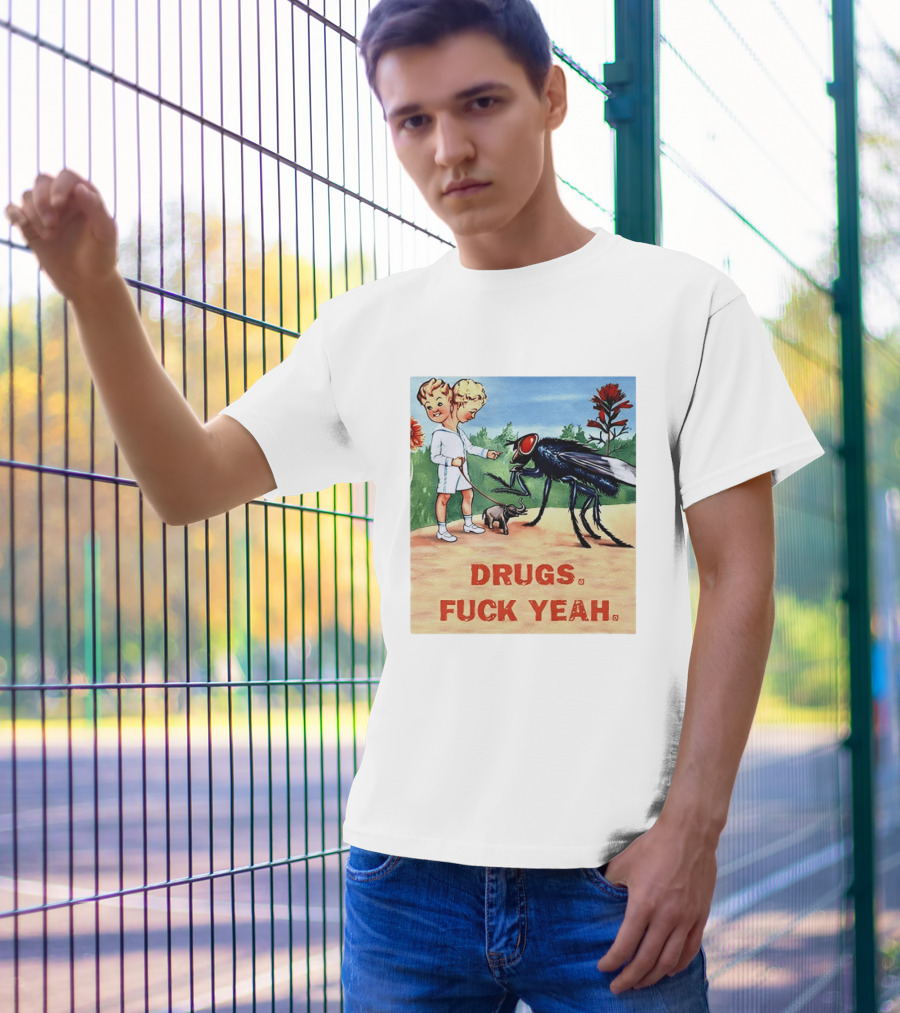 DRUGS FUCK YEAH Retro Cartoon Big Fly Tiny Elephant T-Shirt