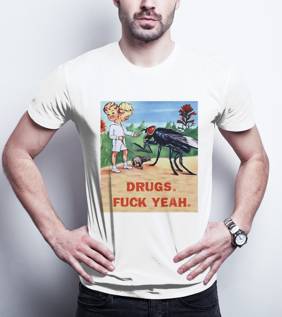 DRUGS FUCK YEAH Retro Cartoon Big Fly Tiny Elephant T-Shirt