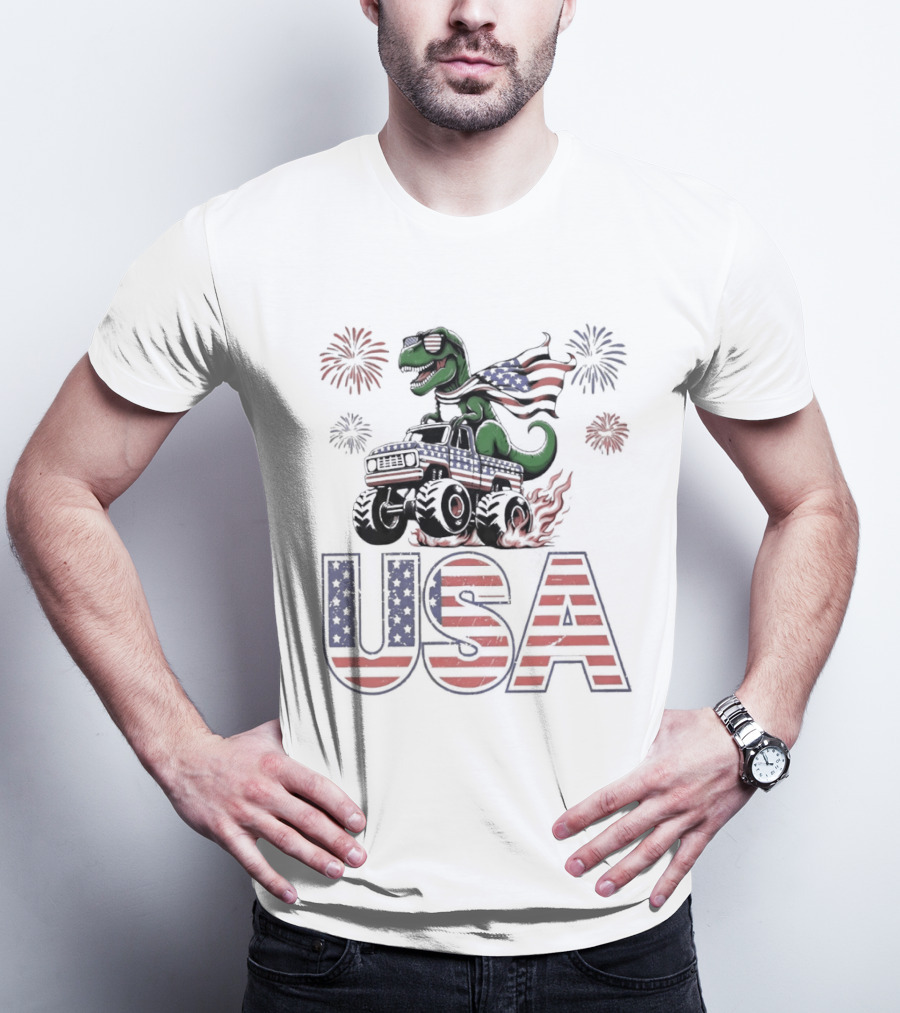 USA Independence Day 4th Of July Rex Monster Truck Fireworks American Flag T-Shirt