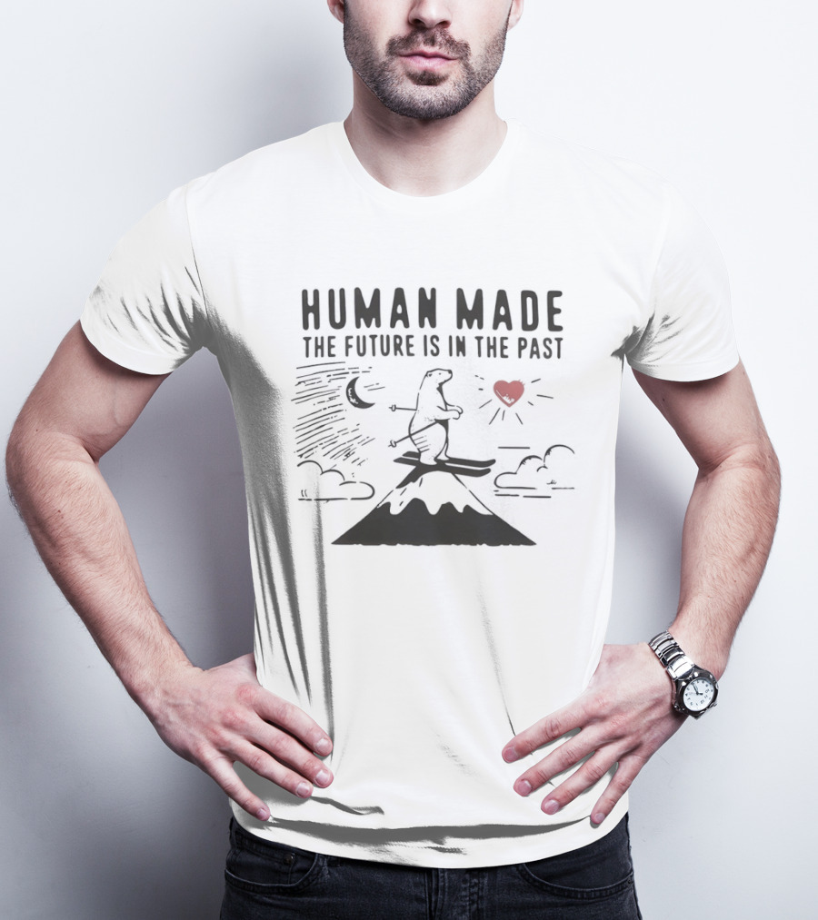 Polar Bear Skiing Human Made The Future Is In The Past Moon Heart Clouds Mountain T-Shirt
