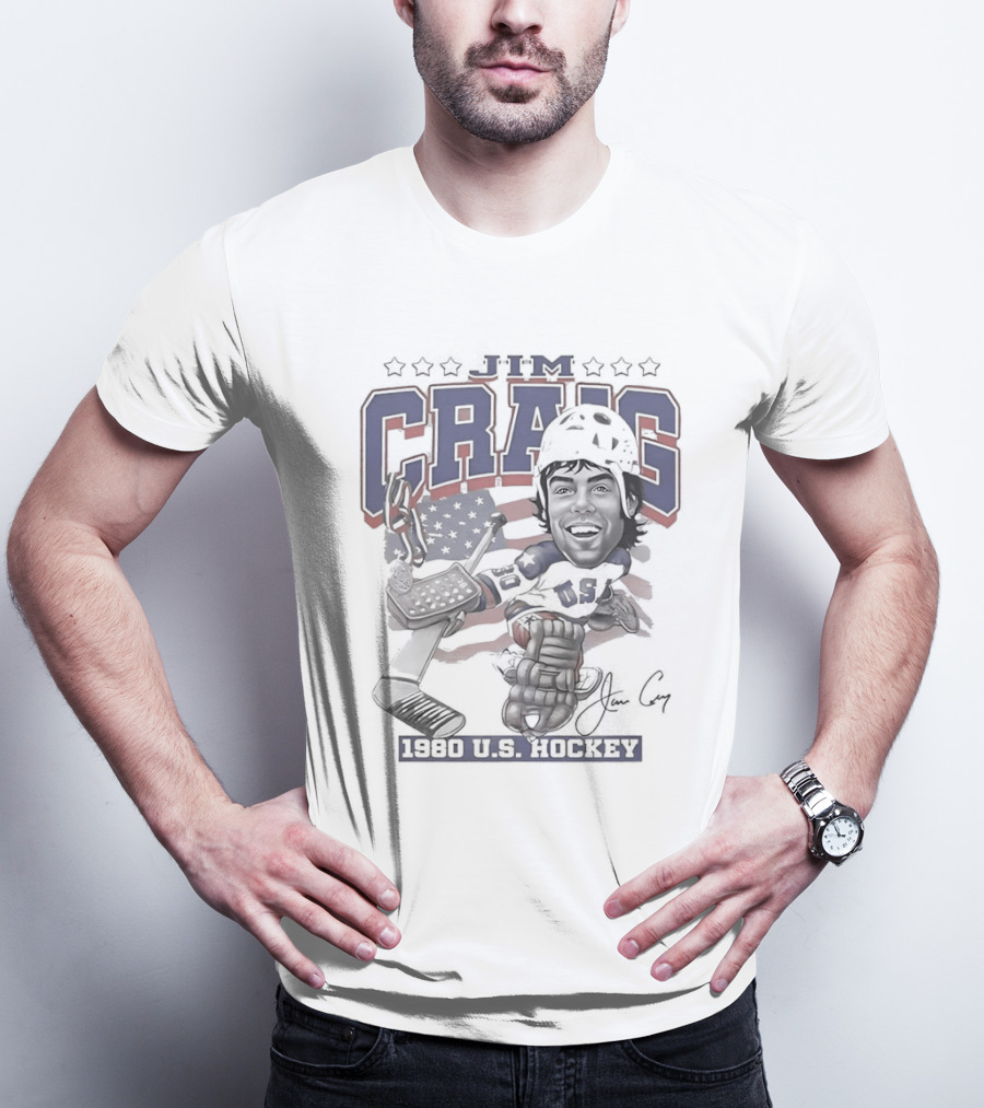Jim Craig USA Team Hockey 1980 American Flag Helmet T-Shirt